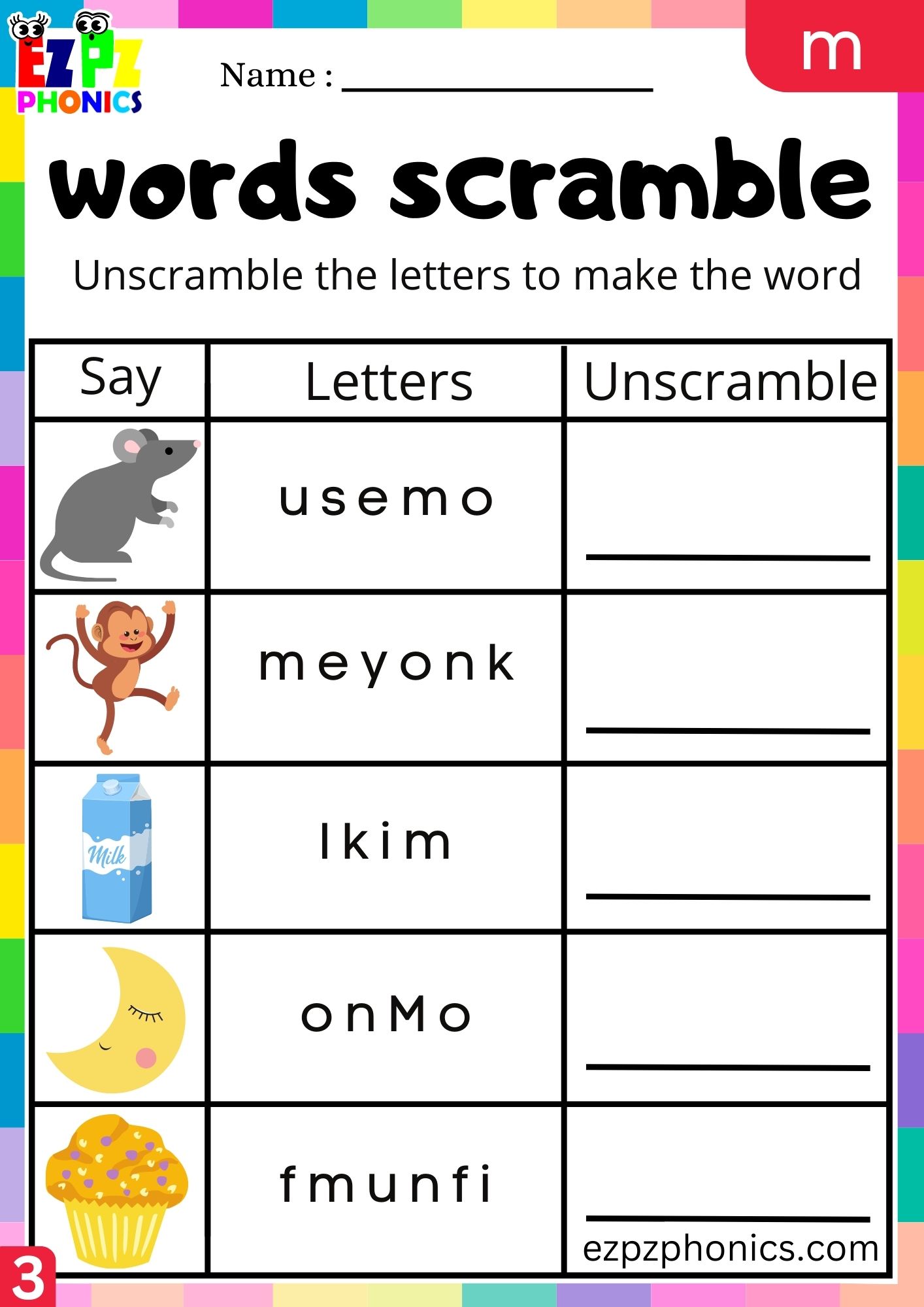 Letter m Word Scramble Write the Words Phonics Activity Group 3 - ezpzphonics.com
